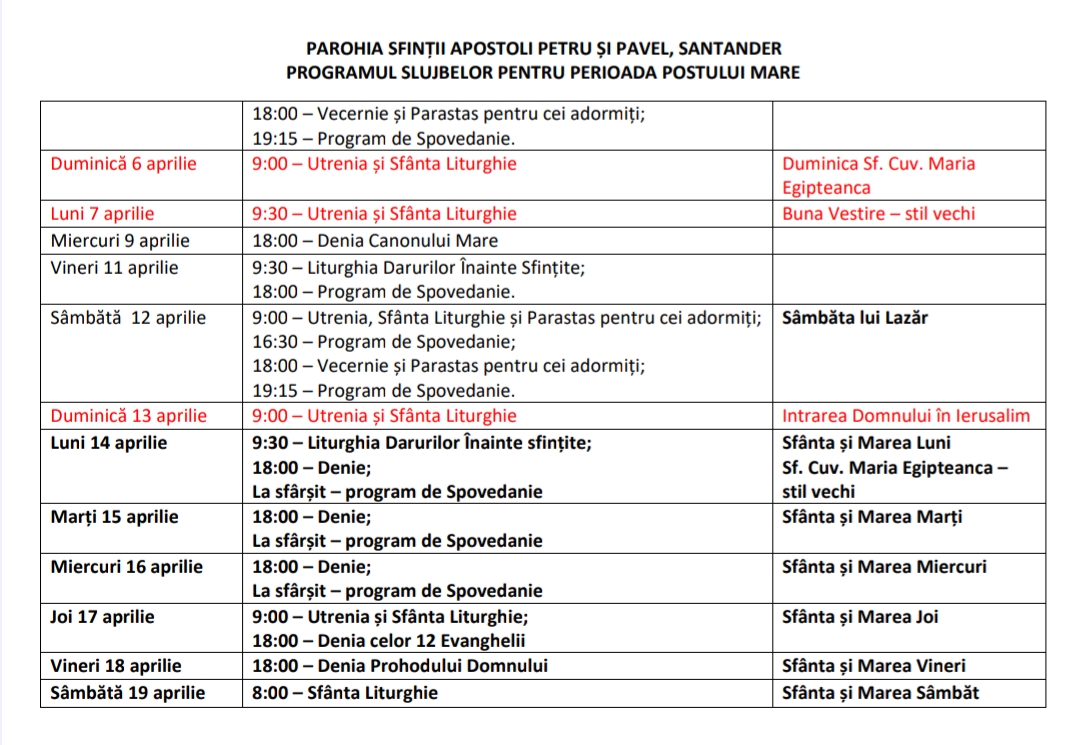 Programul slujbelor pentru Postul Mare – PAROHIA ORTODOXA ROMANA SFINTII APOSTOLI PETRU SI PAVEL ...